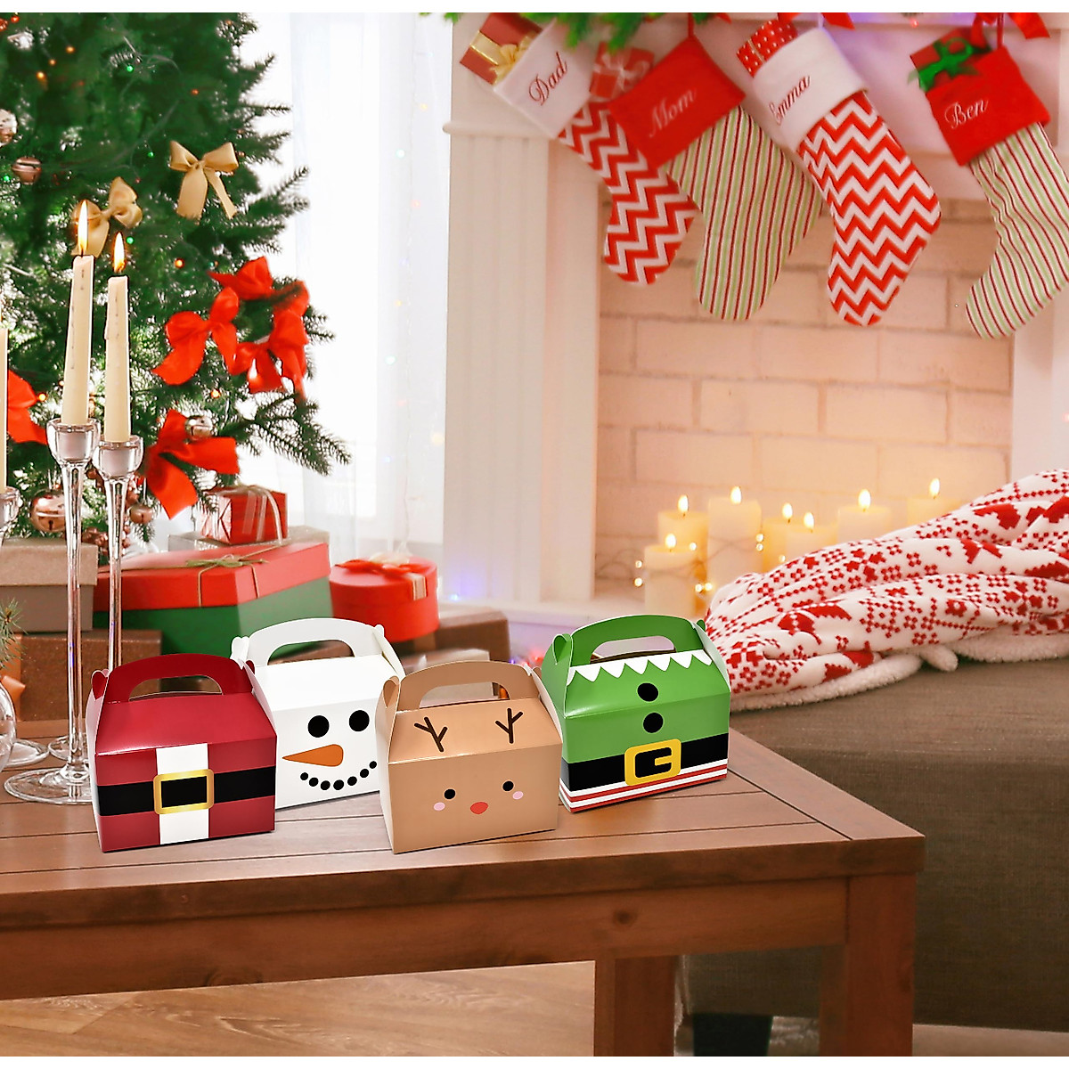 Gift Boutique 24 Pack Christmas Treat Boxes Xmas Cardboard Party Favor Gable Paper Box Santa Elf Snowman Reindeer for Wrapping Classroom Supply Fill with Candy Treats Cookies Cupcake Goodies Prize