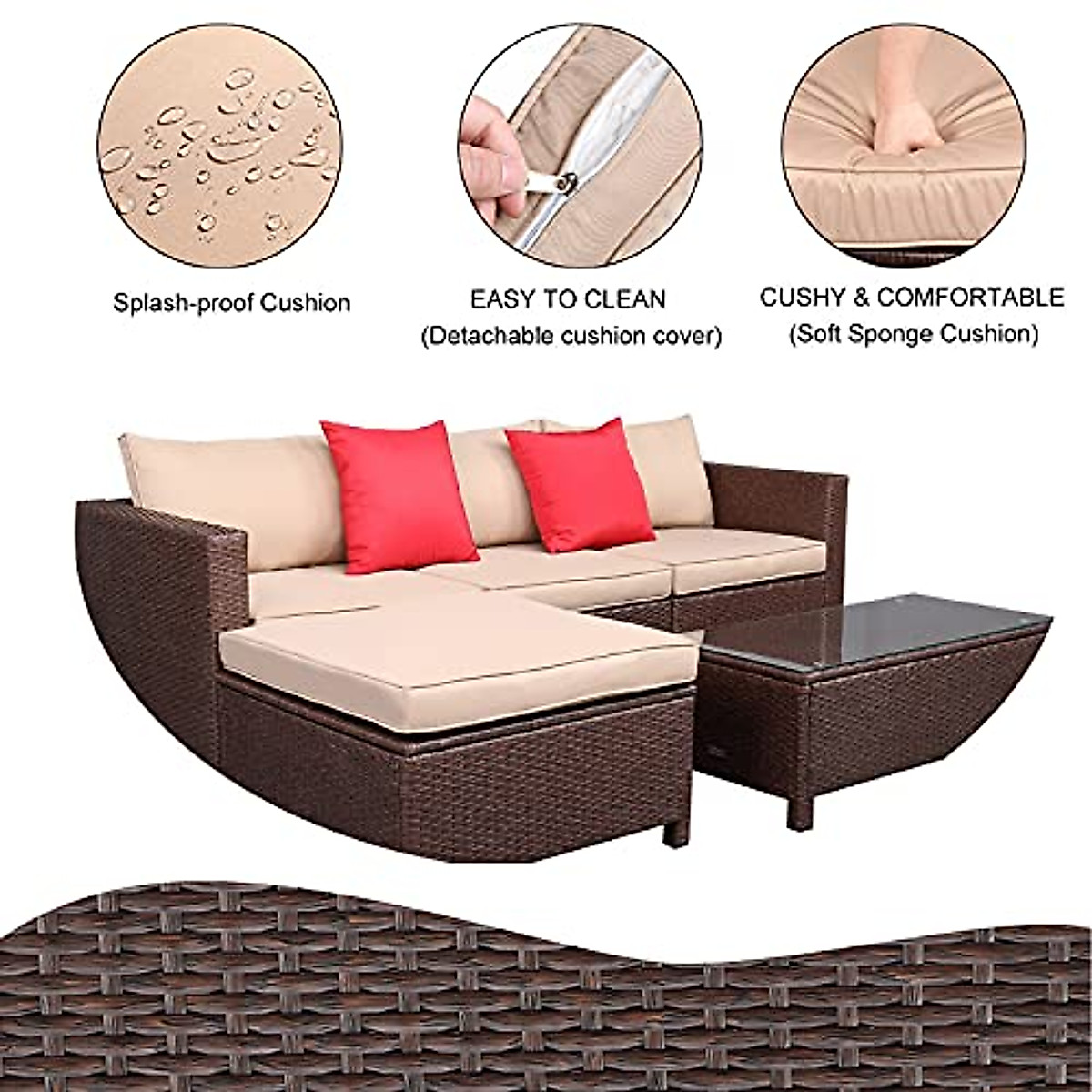L-DREAM Patio Porch Sofa 5-Piece Set - Rattan Seating Sofa with Tea Table - Brown PE Wicker Rattan - with Washable Couch Cushions - for Outdoor Garden Backyard Poolside Furniture (Color : Brown)