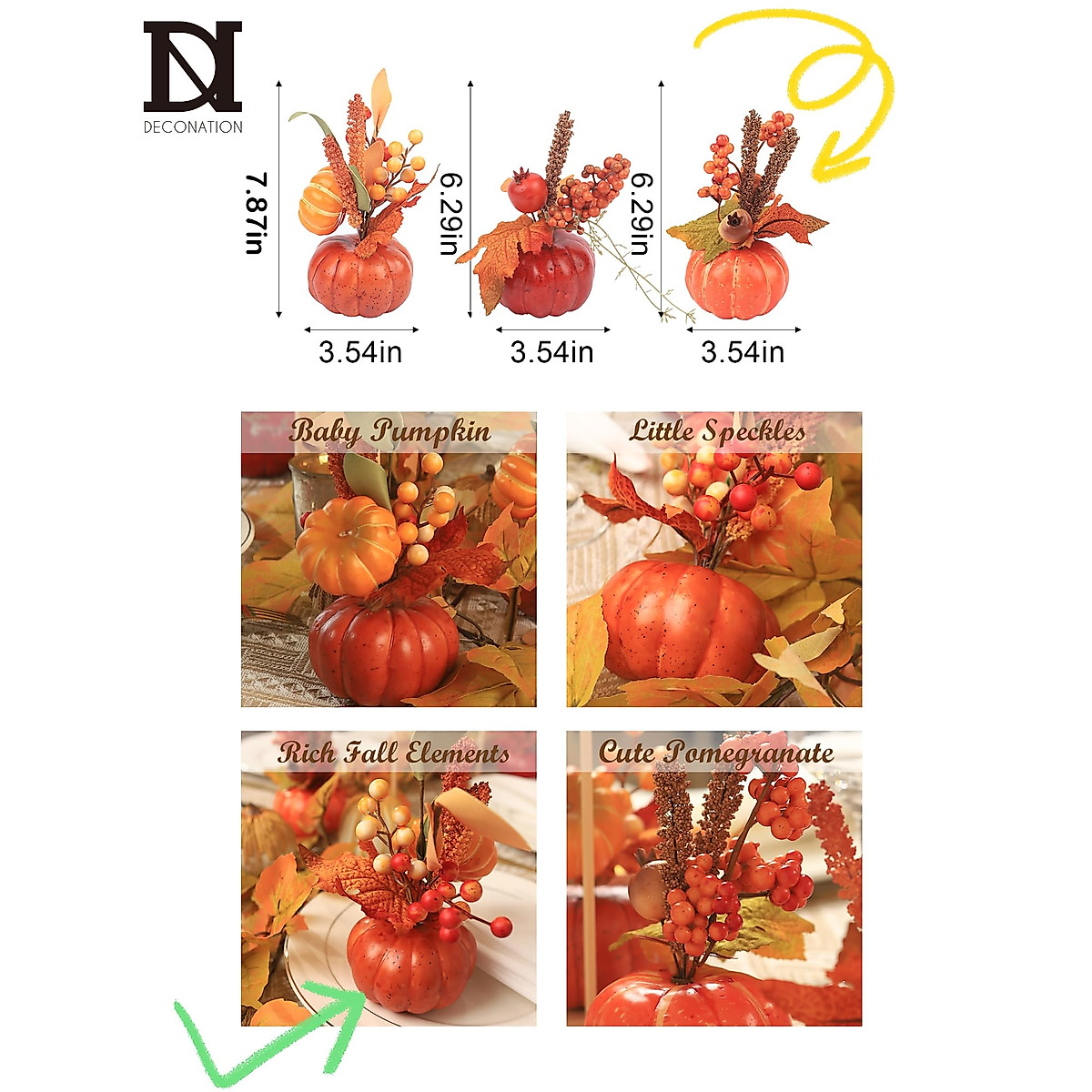 DN DECONATION Thanksgiving Decorations Set of 6 Artificial Pumpkin Decor, Decorative Pumpkin with Maple Leaves Berry for Harvest Fall Decor Table Centerpiece Home Kitchen Party