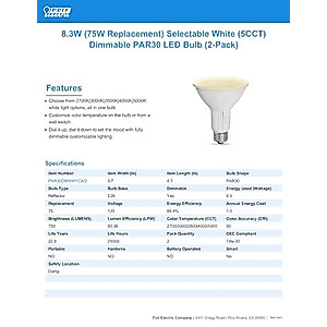 Feit Electric PAR30 LED Light Bulb, 75W Equivalent, Dimmable, Color Selectable 6-Way, E26 Medium Base, 90 CRI, 750 Lumens, Damp Rated Flood Light Bulb, 22-Year Lifetime, PAR30DM/6WYCA/2, 2 Pack