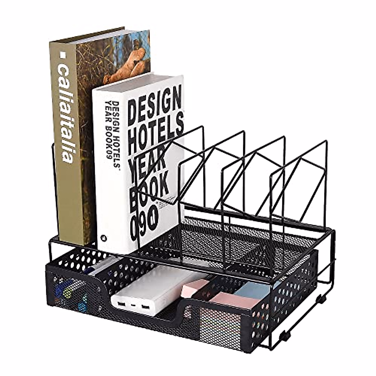 Spacrea Desk Organizers and Accessories, File Folder Holders Desktop Organization with 5 Upright Sections & Drawer, Great for Workspace College Dorm Home Office（Black）