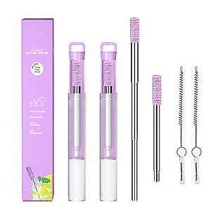 Hoshen 2-Pack Reusable Folding Metal Straw, Outdoor Travel Portable Telescopic Straw, Including Silicone Tip, Cleaning Brush and PP Drawer Shell (Color Box Packaging) - Purple