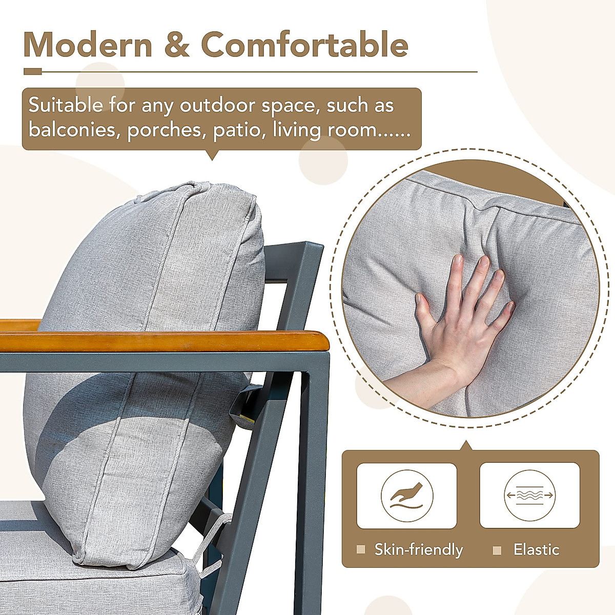 Devoko 4 Pieces Patio Furniture Sets Outdoor Conversation Set Acacia Wood Sofa Set with Coffee Table Thicker Sponge Cushion