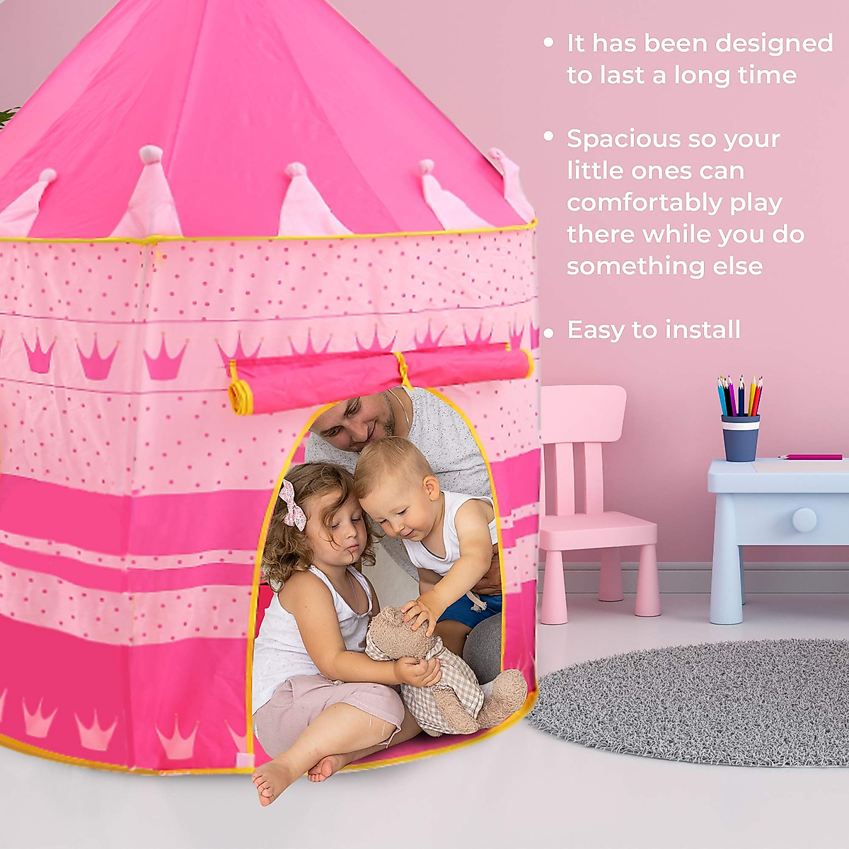 Princess Castle Play Tent for Kids, Princess Castle Dollhouse That conveniently Folds in to a Carrying Case, Perfect Foldable Pop Up Pink Childrens Play Tent/House Toy for Indoor & Outdoor Use