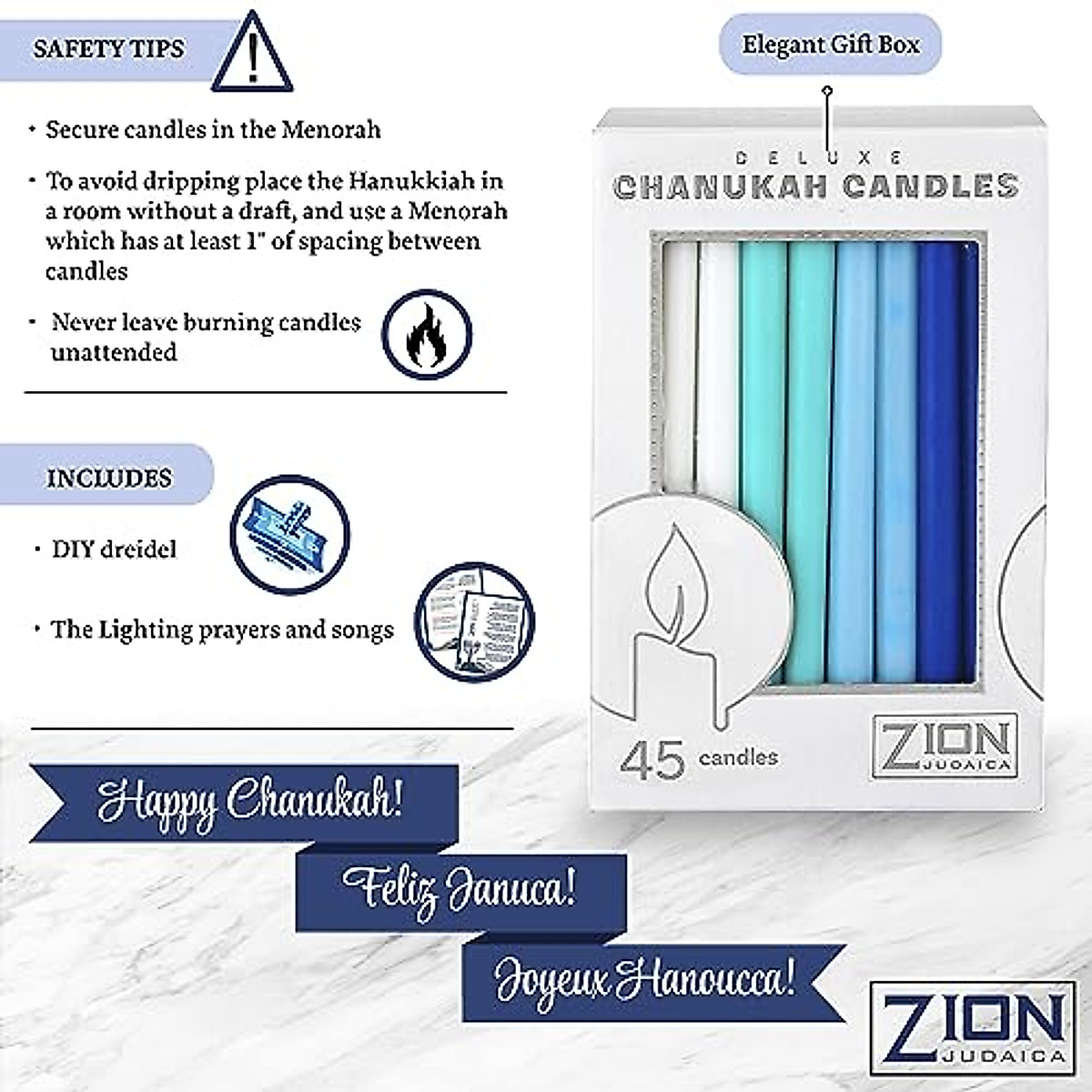 Festive Hanukkah Candles Box of 45 Multi-Blue Candles Thin Chanukah Menorah Candles with Prayer Card & DIY Dreidel Fits Standard Menorahs for All 8 Nights of Hanukah by Zion Judaica