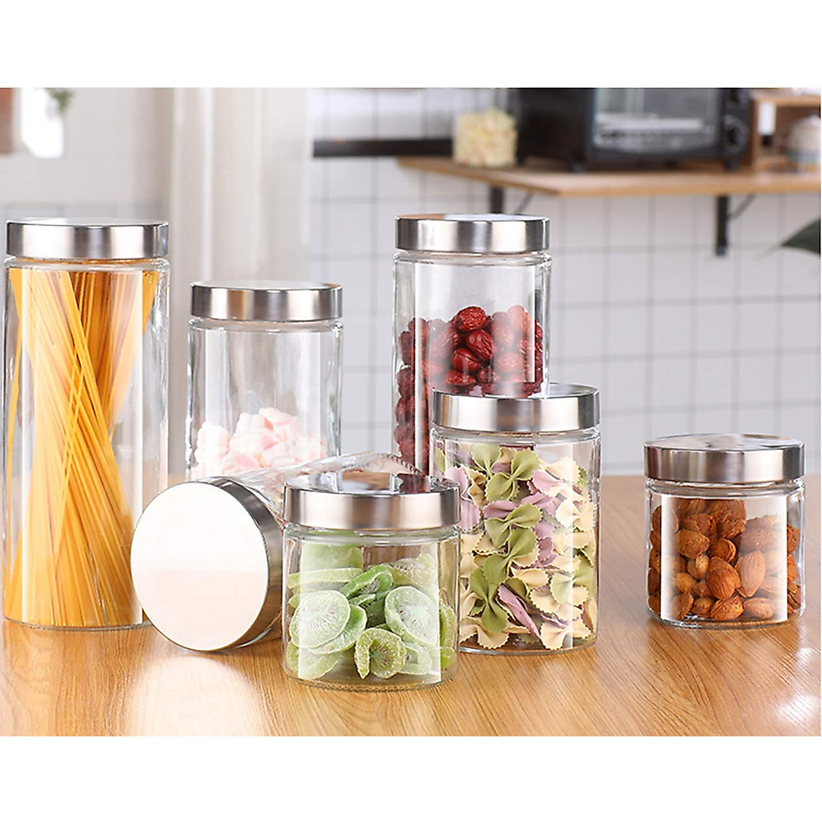 Lawei 6 Pack 27 Oz Clear Glass Jars with Stainless Steel Lids - Glass Food Canister Set Food Storage Jars for Cookie Rice Beans Pasta Snacks