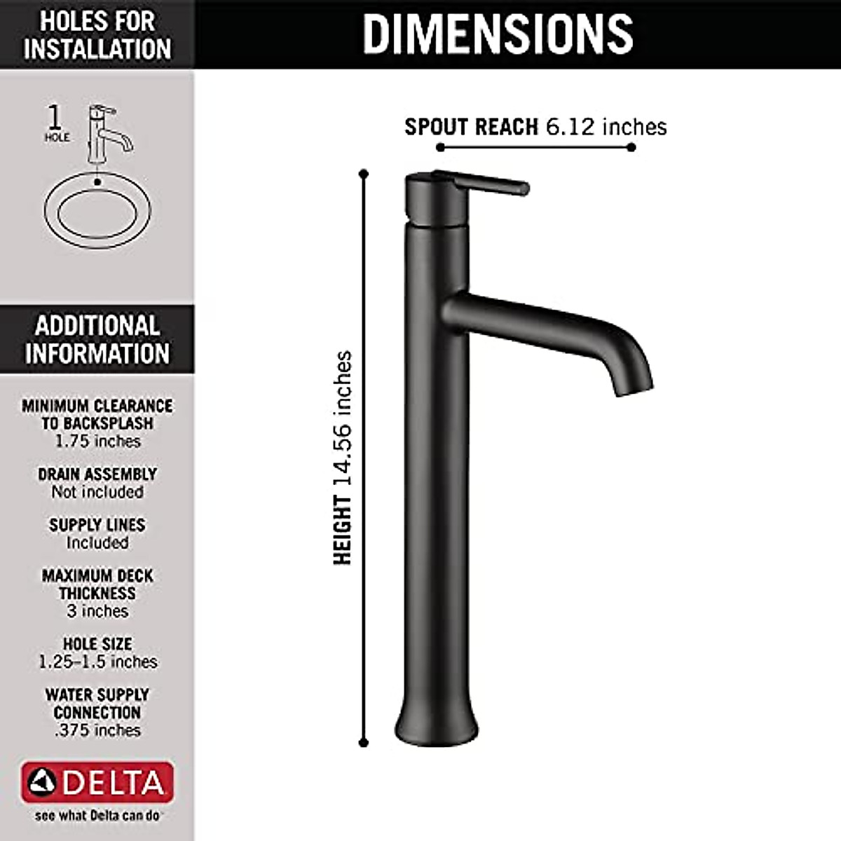 Delta Faucet Trinsic Vessel Sink Faucet, Matte Black Bathroom Faucet, Single Hole Bathroom Faucet, Diamond Seal Technology, Matte Black 759-BL-DST