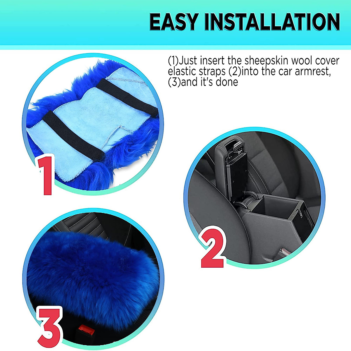 Andalus Brands Pure Australian Sheepskin Fluffy Car Center Console Cover, Luxurious Non-Shedding Furry Arm Rest Cover for Car, Versatile for All Seasons, Blue - (11.47" X 6.3")