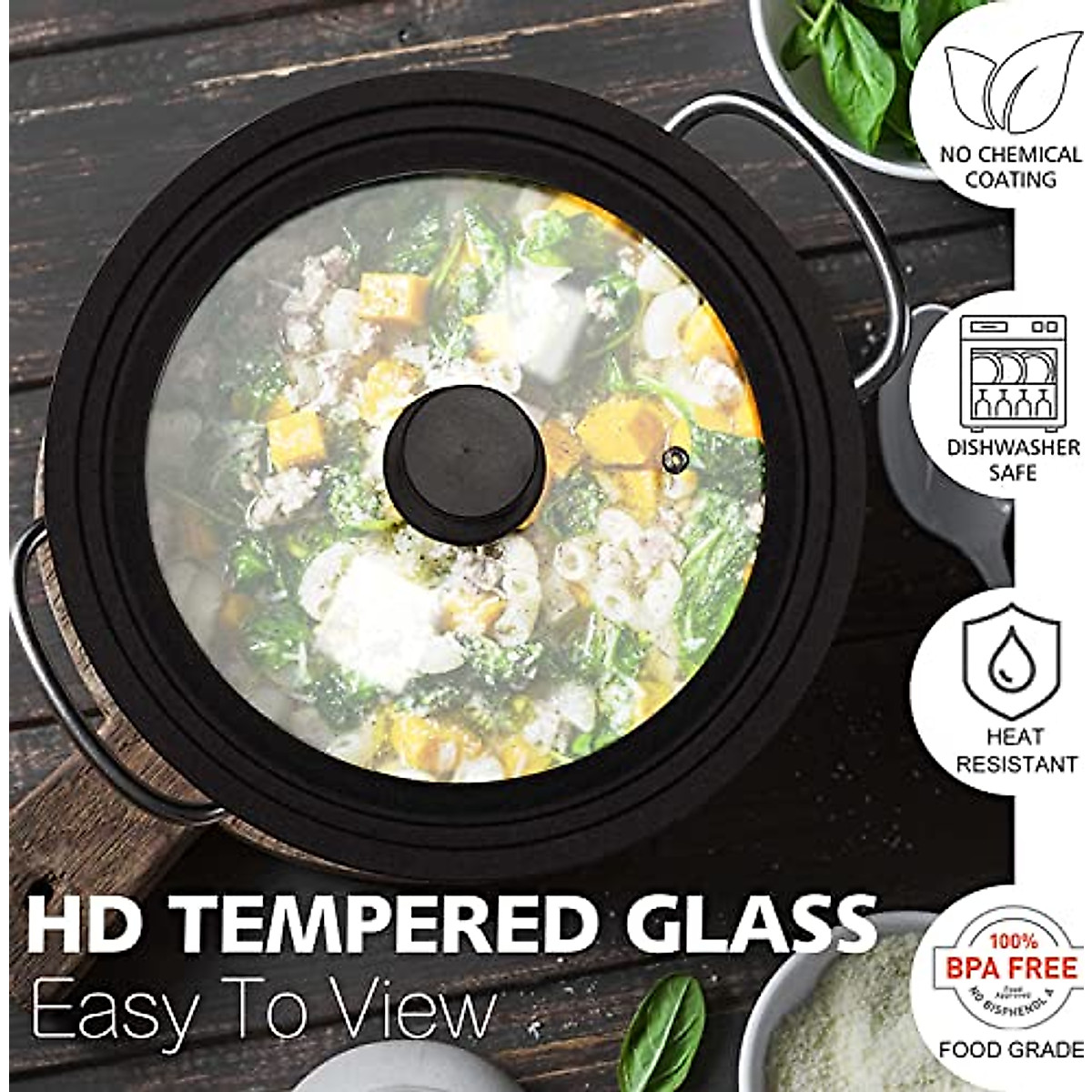 Anaeat Silicone Universal Lid for Pots, Pans and Skillets - Tempered Glass Covered with Heat Resistant Silicone Rim Fits 6", 7" and 8" Diameter Cookware -Easy to Use Replacement Frying Pan Cover