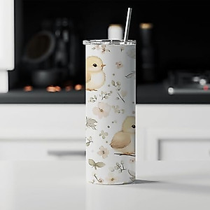 Tumbler with Lid and Straw Cartoon Bird and Flowers thermos coffee travel mugcute cups 20 oz insulated tumbler for Daily Holiday Decor Gift coffee cup