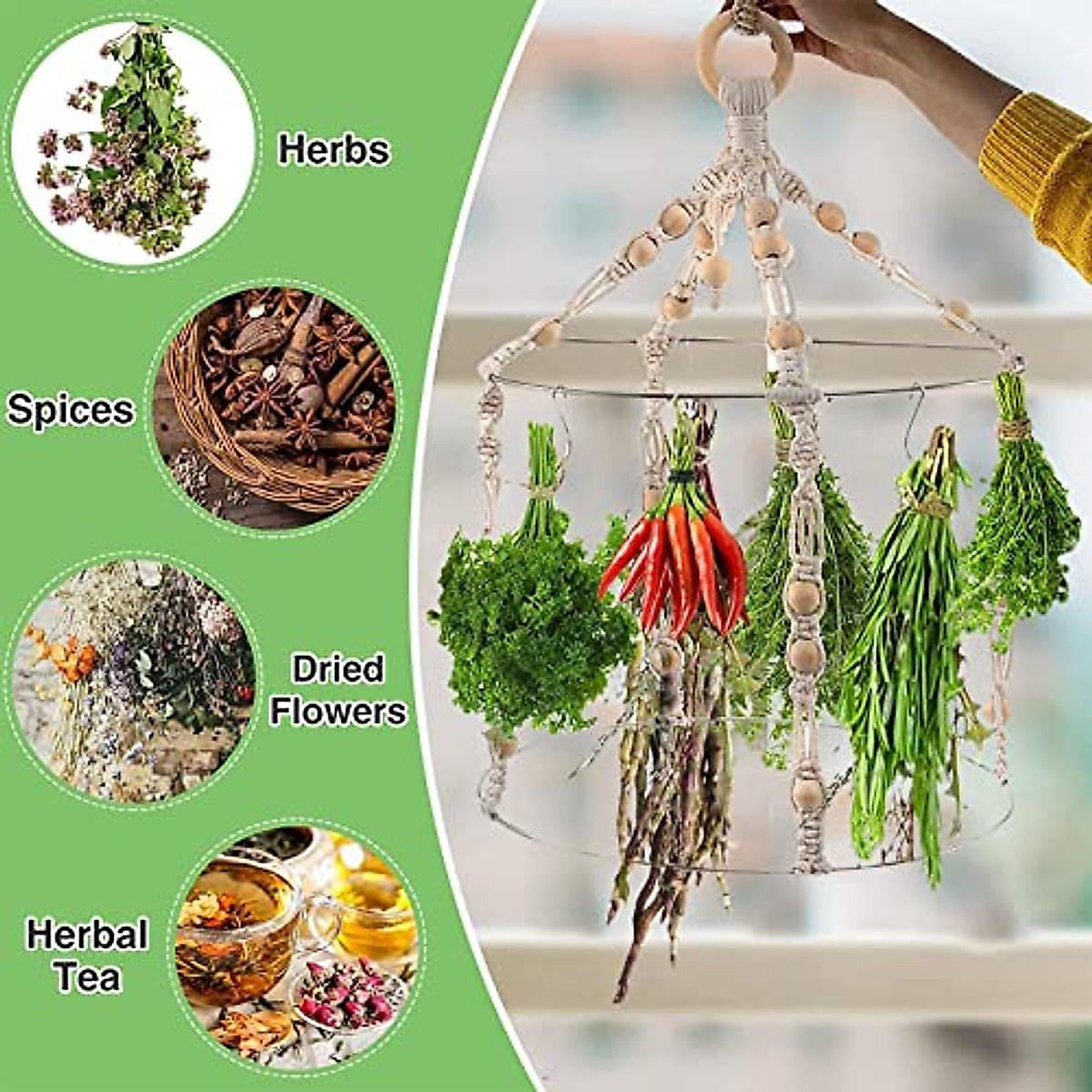 Gecorid Boho Drying Rack | Macrame Flower Drying Rack with 15 Hooks - Kitchen Decor Dryer Hangers for Drying Air Plants Spices Flowers