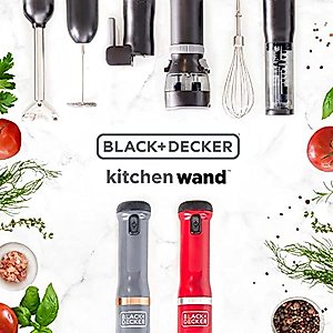 BLACK+DECKER Kitchen Wand Cordless Immersion Blender, 3 in 1 Multi Tool Set, Hand Blender with Charging Dock, Whisk and Milk Frother, Red (BCKM1013KS06)
