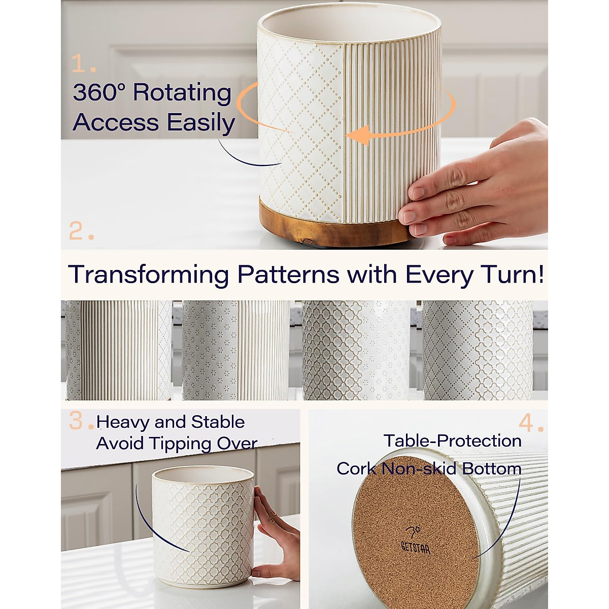 getstar 360° Rotating Kitchen Utensil Holder, Large Ceramic Cooking Utensil Holder for Kitchen Counter with Rotatable and Detachable Wooden Base