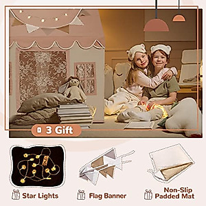 Kids Play Tent with Non-Slip Mat, Star Lights, Decorating Flag, Lace Curtains Playhouse with 4 Windows, Machine Washable, Indoor and Outdoor Play Tent for Kids, Girls, Pink, 47" x 40" x 52"