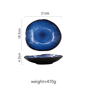 Anvirtue Cat-eye blue ceramic tableware Ocean Waves Deep Blue Plates Glaze Salad Bowl Main Dish Kitchen Supplies (M)
