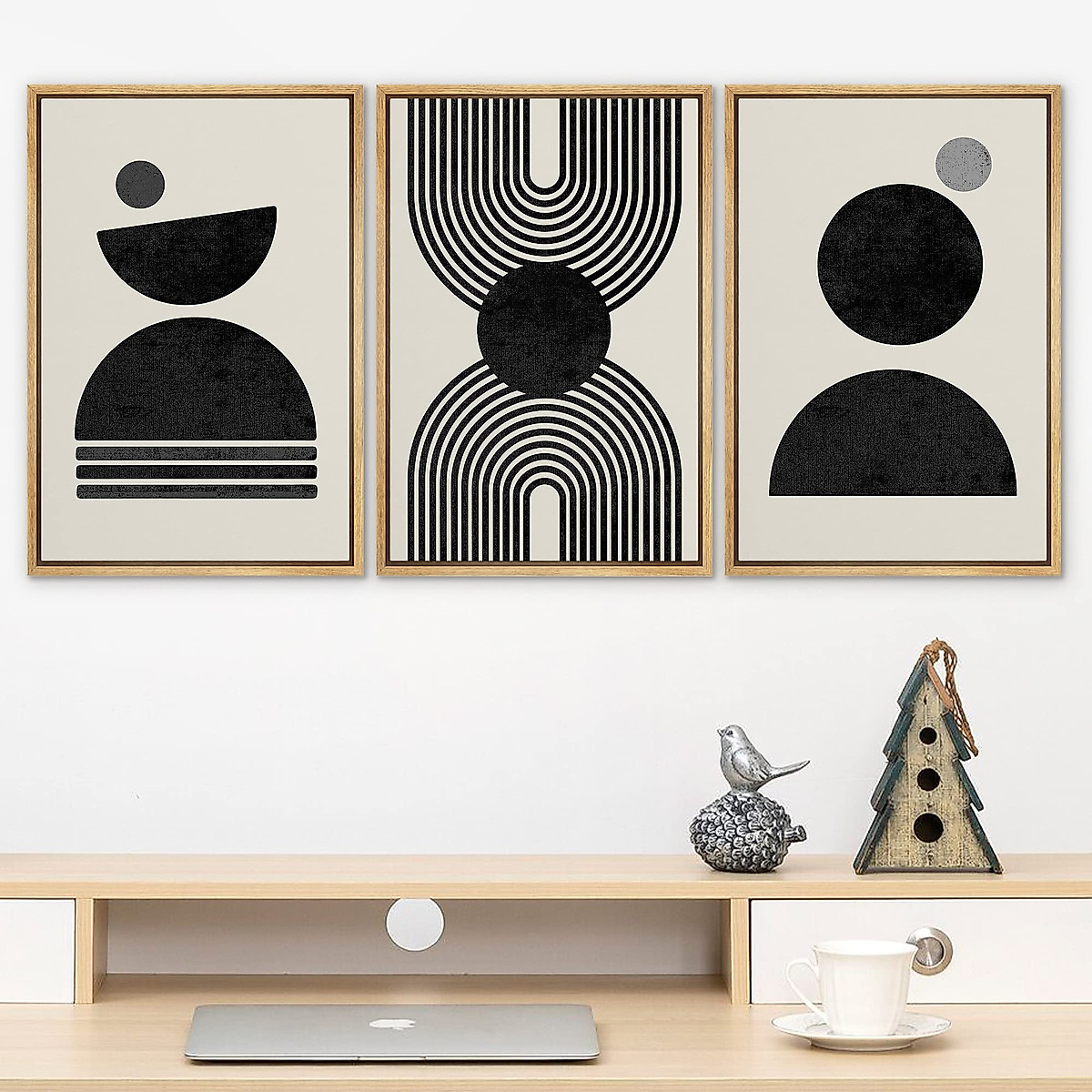SIGNLEADER Framed Canvas Print Wall Art Circles with Spiral Parabolas Abstract Shapes Illustrations Modern Art Contemporary Dramatic Black and White for Living Room, Bedroom, Office - 16"x24"x3 NATURAL