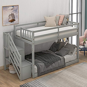 Harper & Bright Designs Low Bunk Beds Twin Over Twin Size, Solid Wood Bunk Bed with Storage and Guardrail for Kids and Toddler