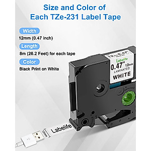Labelife 6-Pack P Touch Label Tape TZe-231 Replacement for Brother TZe TZ Tape 12mm 0.47 Laminated White Label Maker Tape TZe231 TZ231 for Brother P Touch Label Maker PT-D210 PT-D220 PT-H110 PT-D600