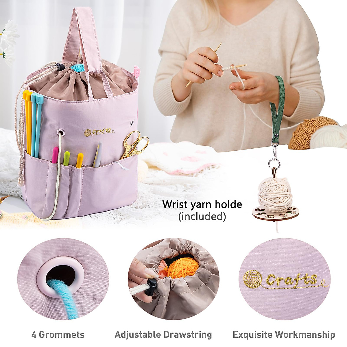 MYBAGZING Cute Crochet Bag with Wrist Yarn Holder for Crocheting - Portable Yarn Bag - Crochet Bag Organizer- Crochet Storage Bag with Pockets for Crochet Accessories- Crochet Travel Bag- Crochet Gift