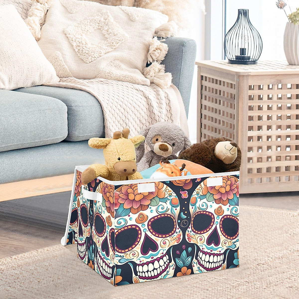 Vnurnrn Storage Cube with Lid Collapsible Flower Day Dead Skull Print, Large Capacity Foldable Storage Basket Bin Organizer 16.5×12.6×11.8 IN