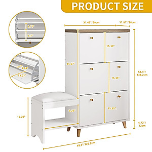 DWVO Shoe Cabinet with Bench for Entryway, Modern Shoe Storage Cabinet Shoe Bench, Narrow Hidden Shoe Organizer with 3 Flip Drawer, for Hallway, Closet, Living Room, White