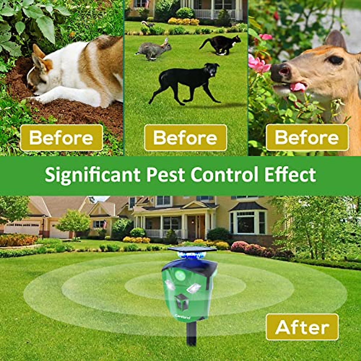 Careland 360° Solar Ultrasonic Animal Repellent with Motion Sensor Cat Dog Repellent Squirrel Raccoon Deer Deterrent Chaser Protect Farm Garden Yard Pond