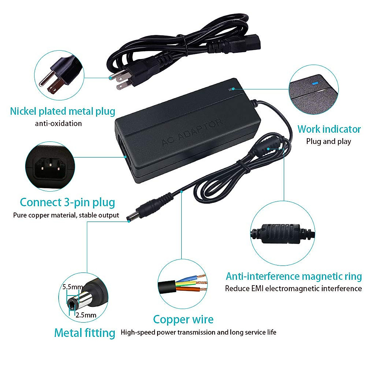 Snsnlent AC Adapter Power Supply 12V 4A 48W AC/DC Power Adapter with 5.5x2.1mm DC Plug 12V 4A 48W for LCD Monitor, LED Strip Light and Other Low Voltage Device