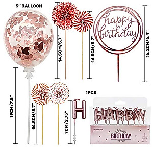 MOVINPE Rose Gold Cake Topper Decoration with Happy Birthday Candles Happy Birthday Banner Confetti Balloon Paper Fans For Rose Gold Theme Party Decor Girl Women Birthday Party