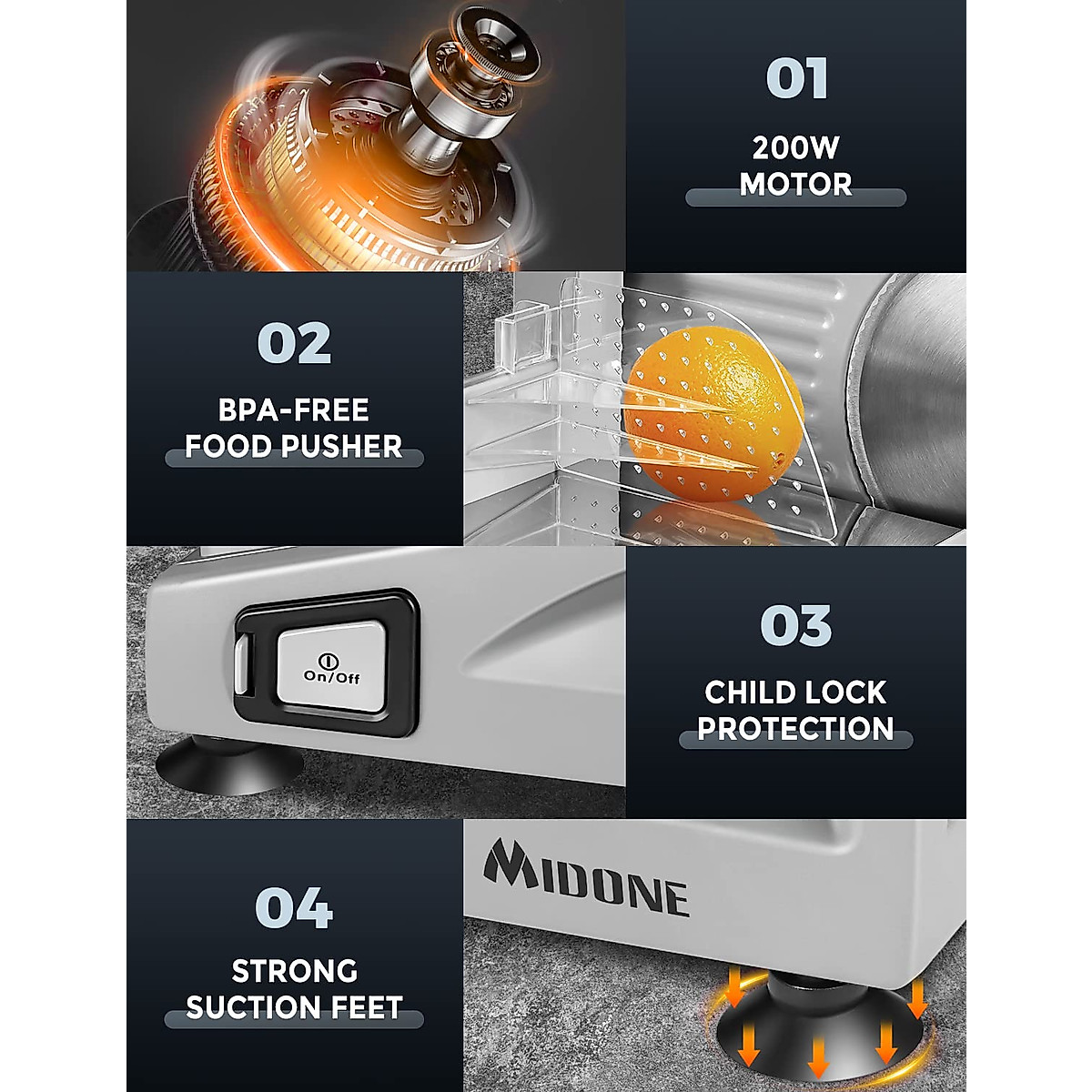 MIDONE Meat Slicer 200W Electric Deli Food Slicer with Two Removable 7.5’’ Stainless Steel Blade, Adjustable Thickness for Home Use, Child Lock Protection, Silver