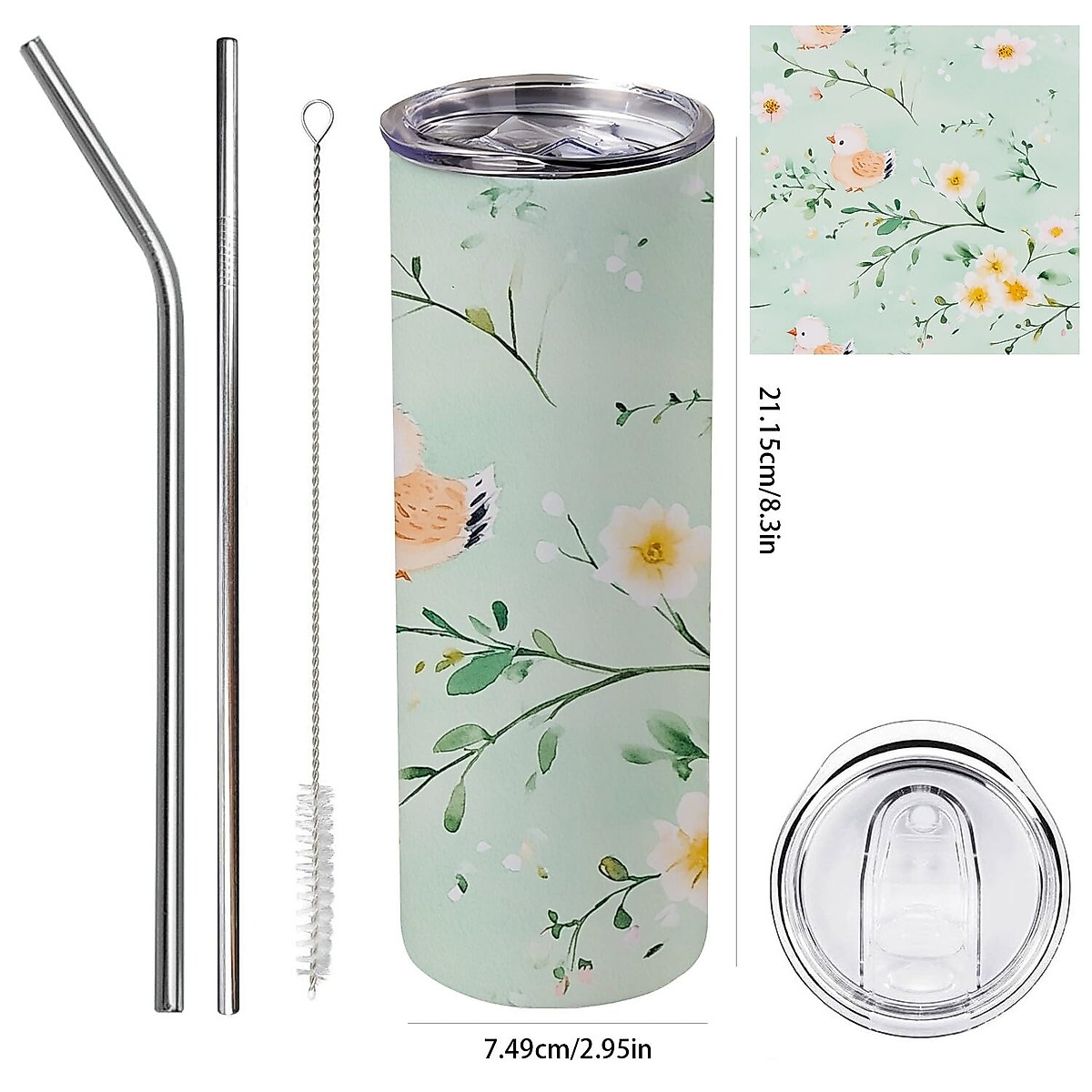 Tumbler with Lid and Straw Cartoon Bird on Branch thermos coffee travel mugcute cups 20 oz insulated tumbler for Daily Holiday Decor Gift coffee cup