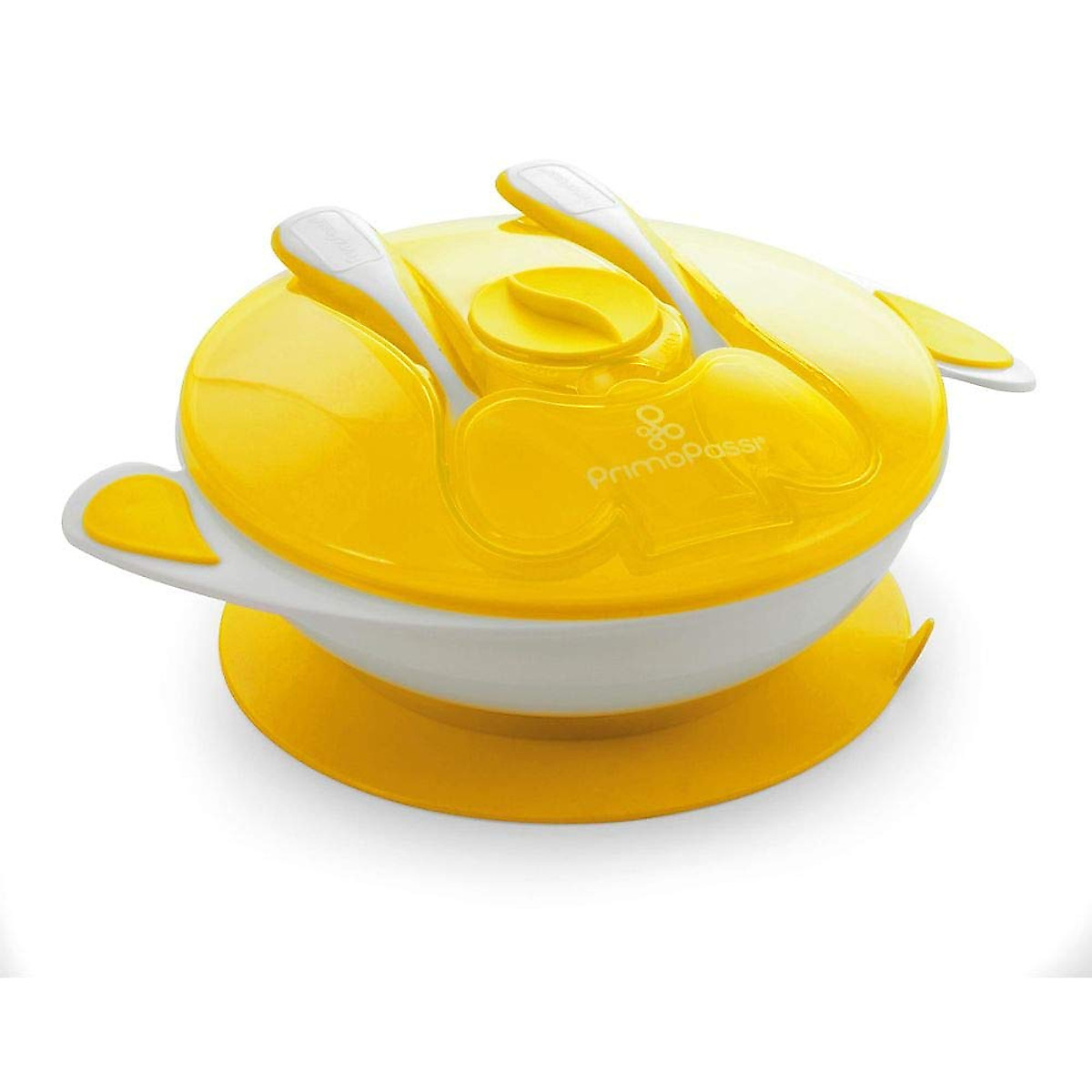 Baby Suction Bowl with Lid Snap-in Fork & Spoon - BPA Free First Stage Self Feeding Utensils - by Primo Passi |Yellow|