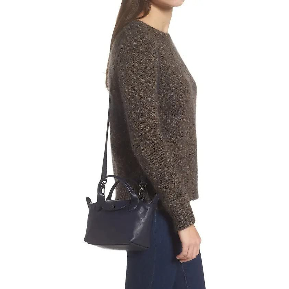 Longchamp Ladies Le Pliage Cuir Mini Top Handle Bag-Navy