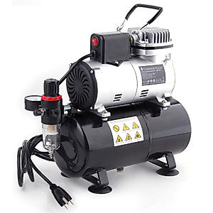 Timbertech Upgraded Airbrush Single-Piston Oil-free Mini Compressor ABPST08 with Cooling Fan, 3L Tank, Regulator, Moisture trap for hobby, tattoo, graphic and so on