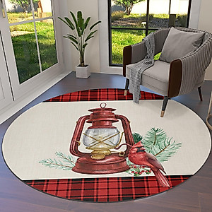 Christmas Bird Area Rug Carpet for Kids Teen Girls Boys Bedroom, Living Room, Washable Outdoor Indoor Accent Throw Runner Floor Mat Area+Rug Retro Red Buffalo Plaid Lattice 3.3FT(Round)