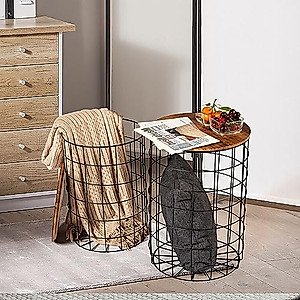 Jolydale Nesting End Table with Storage, Side Tables Wire Basket Table with Lid, Round End Table with Removeable Top and Steel Frame for Living Room, Bedroom, Office, (Brown)