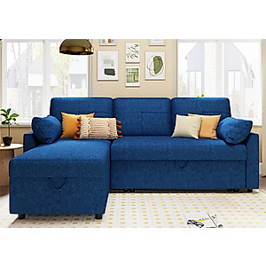 VanAcc Sofa Bed, Sleeper Sofa with Storage Chaise- 2 in 1 Pull Out Couch Sofa for Home Office, Living Room, Comfy Sofa Sleeper, Blue Linen Couch