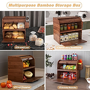 TQVAI Bamboo Bread Box for Kitchen Countertop Dobule Layer Roll Top Bread Bin with Silverware Basket - Can Use as 2 Individual Bread Boxes - Assembly Required, Black