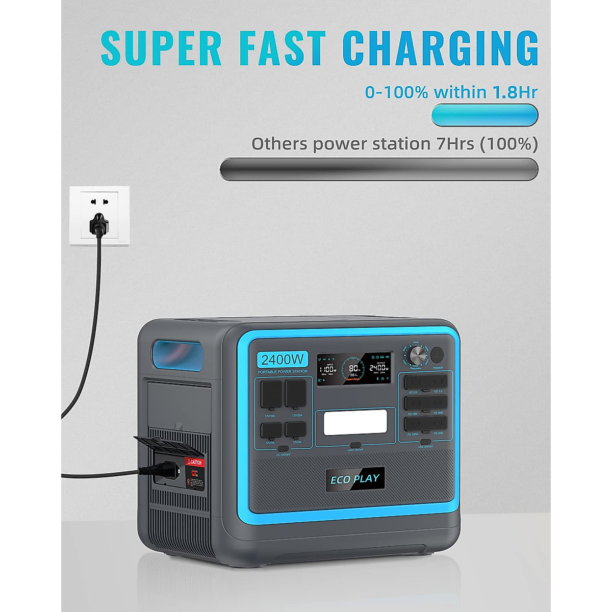 Portable Power Station, 2400W Solar Generator, 2048Wh LiFePO4 Battery, 1.8H Fast Charging, 110V AC Outlets, Adjustable Input Power, Outdoor Generators for Camping, Home Use, Emergency or RV Travel