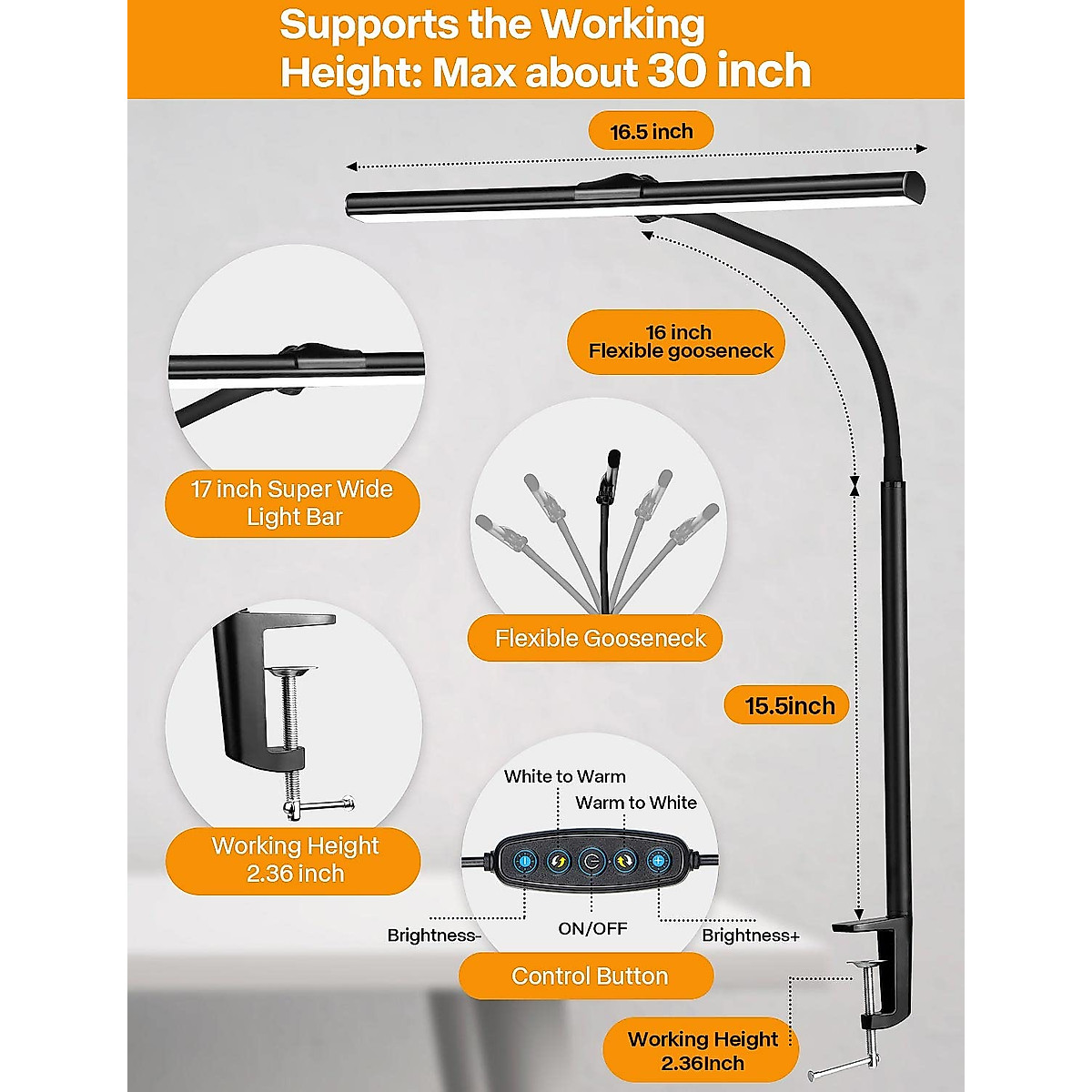 ACNCTOP Desk Lamp for Office Home - Eye-Caring Architect Task Lamp 25 Lighting Modes Adjustable LED Desk Lamp Flexible Gooseneck Clamp Light for Workbench Drafting Reading Study (Black)