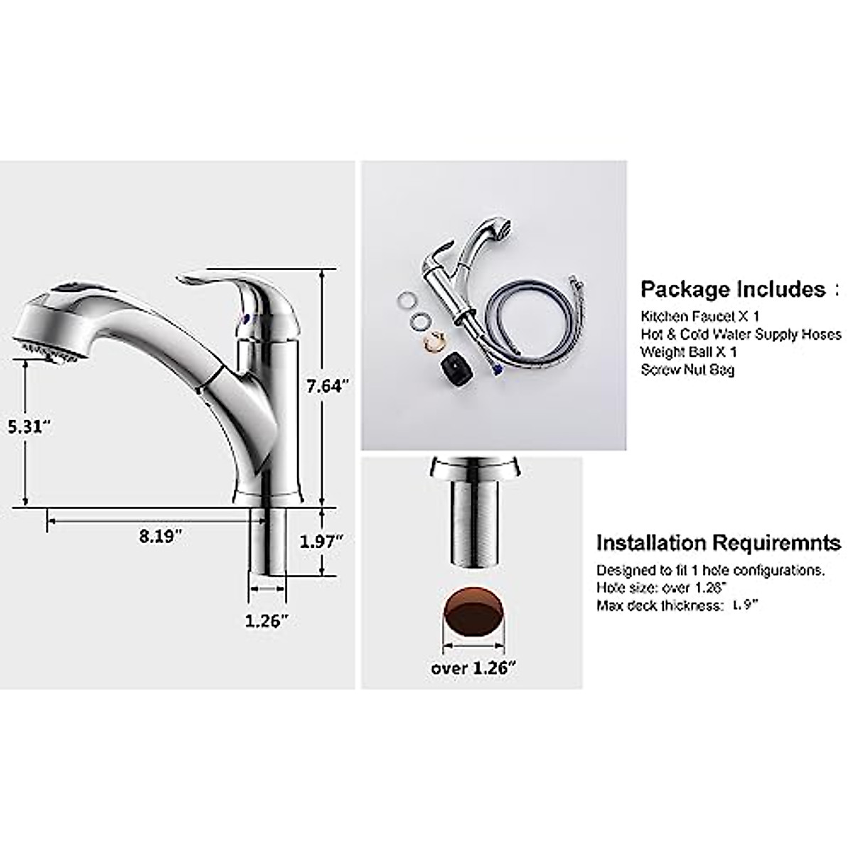 Kitchen Faucet with Sprayer, Brushed Nickel Kitchen Sink Faucet with Pull Out Sprayer, Single Handle 1 Hole Kitchen Faucet Solid Brass Commercial RV Kitchen Faucet 2 Modes & 150°Rotation & No Lead