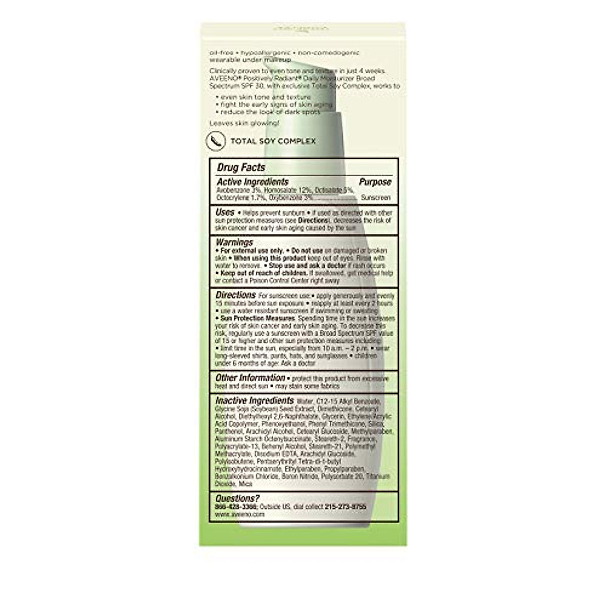 Aveeno Positively Radiant Daily Facial Moisturizer with Total Soy Complex and Broad Spectrum SPF 30 Sunscreen, Oil-Free and Non-Comedogenic, 2.5 fl. oz