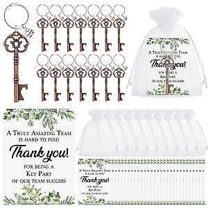 Sasylvia 50 Set Employee Appreciation Gifts Bulk Skeleton Key Bottle Opener Keychain Thank You Card Organza Bags for Coworker