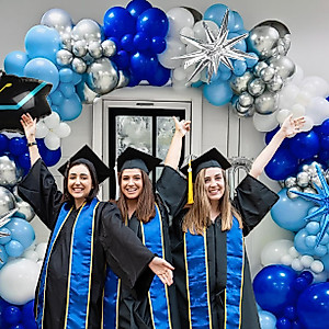 2024 Graduation Party Decorations blue and white balloon arch kit 135pcs-Congrats Grad Silver Letter Balloons, Starburst Foil Balloons for Blue Silver White Graduation Party Supplies