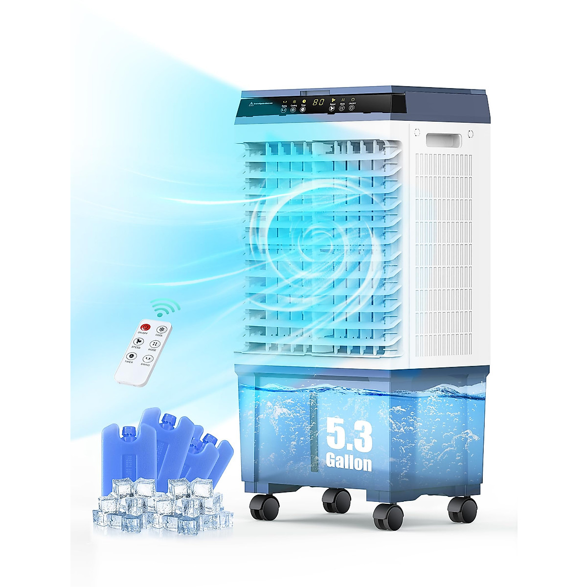 Air Choice Evaporative Air Cooler, 1800CFM Swamp Cooler with 12H Timer, 110° Oscillation, Remote Control & 5.3 Gal Water Tank, 3 Speeds, 4 Ice Packs, 3-in-1 Evaporative Cooler for Outdoor Indoor Use