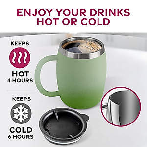 FineDine Double-Wall Stainless Steel, Drinking Cup, Coffee Mugs with Spill-Resistant Lids, Comfortable Handle for Hot & Cold Drinks, Shatterproof Coffee Cups, 14 Ounces