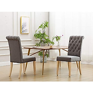 Luxuriour Fabric Dining Chairs with Copper Nails and Solid Wood Legs Set of 2 (Dark Grey)