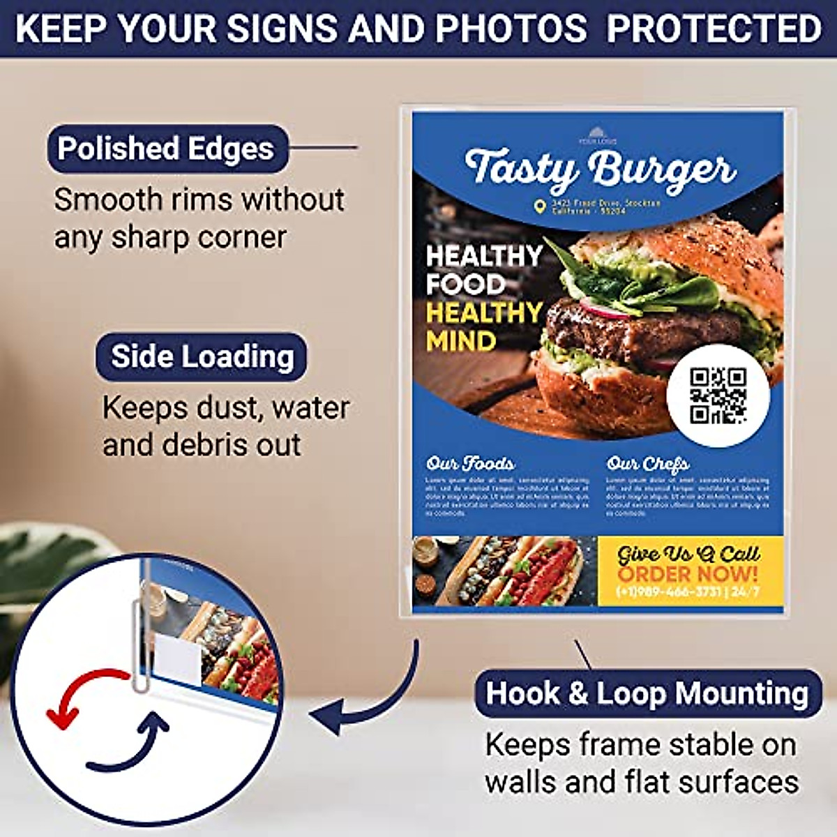 Acrylic Sign Holder with Hook and Loop Adhesive, 8.5 x 11 inches - Portrait or 11 x 8.5 inches - Landscape, Clear Wall Mount Frame, Perfect for home, office, store, restaurant (6 Pack)