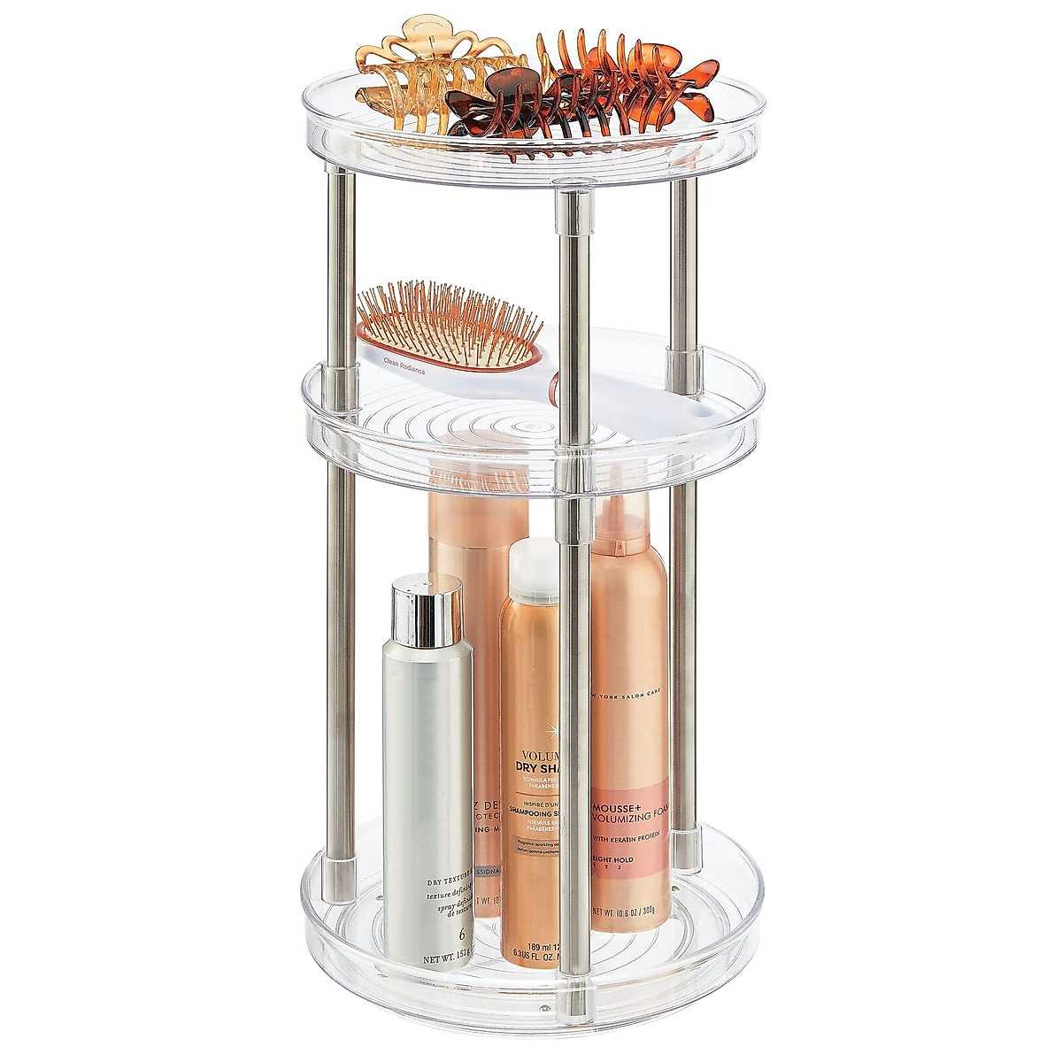 mDesign Spinning 3-Tier Lazy Susan 360 Rotating Makeup Organizer Storage Tower - Beauty Cosmetic Organization Caddy for Bathroom Vanity, Countertop, Makeup Table - Ligne Collection - Clear/Matte Black
