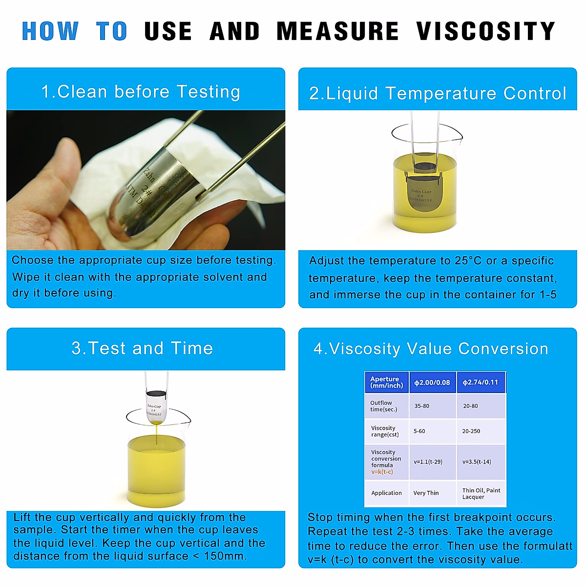 Zahn Cup No. 2 Viscosity Cup #2 Viscometer 44ml Dip Type Stainless Steel Flow Cup for Oil Dye Paint Finishes Honey Sauce