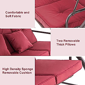 MCombo 3-Seat Outdoor Patio Swing Chair, Adjustable Backrest and Canopy, Porch Swing Glider Chair, w/Cushions and Pillows, 4068 (Burgundy)